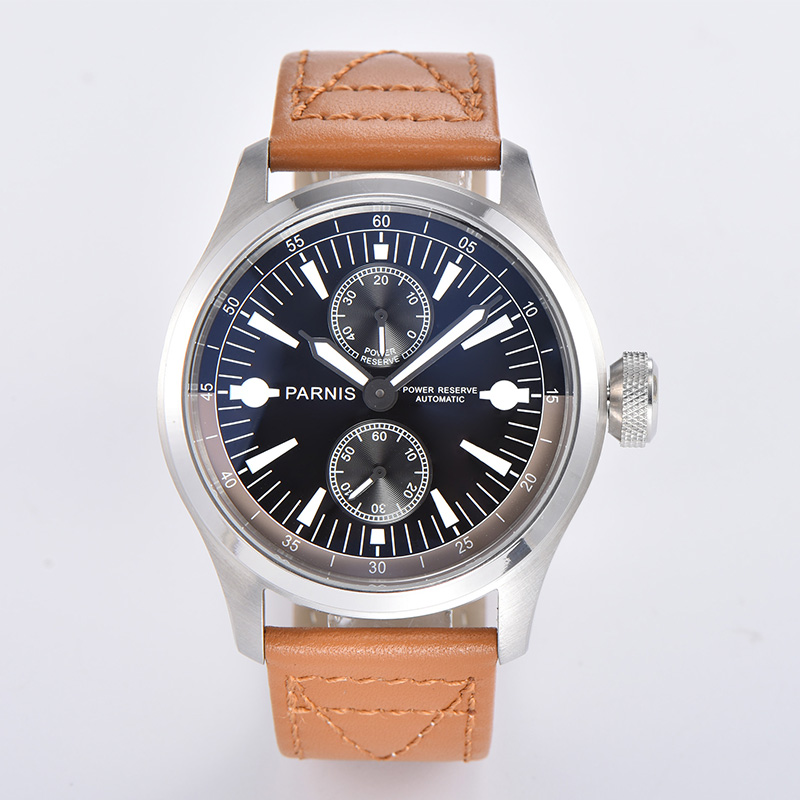 46.5mm Parnis Black with Gray Dial Brown Leather Strap Wrist Watches ...