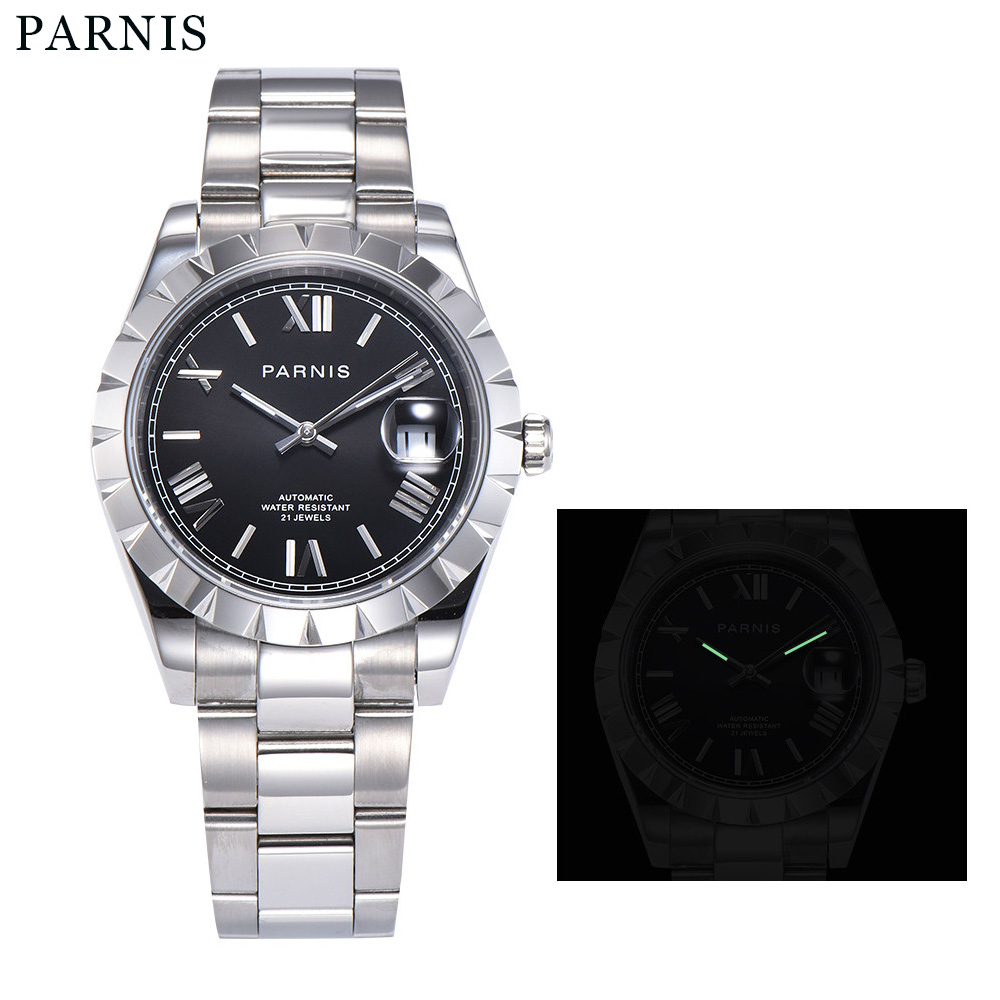 Parnis 39.5mm 21 Jewels Mechanical Automatic Roman Numerals Men Wristwatch