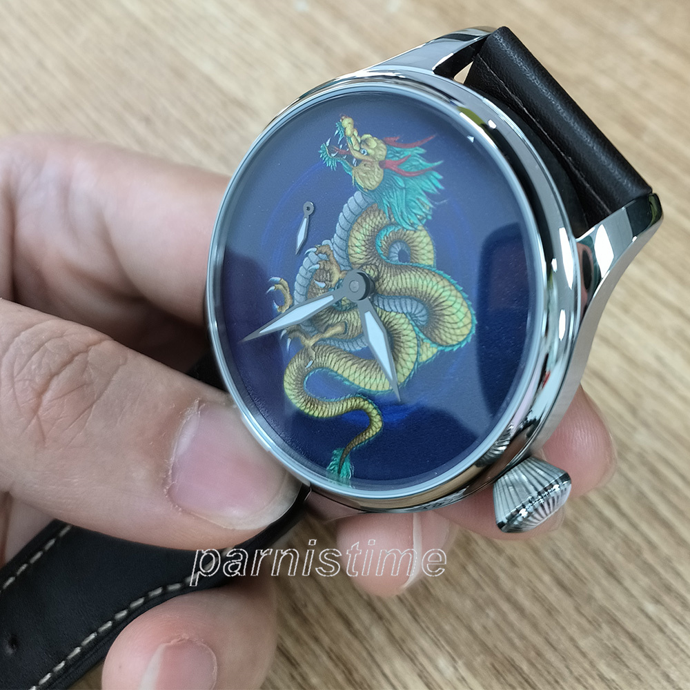 44mm Parnis Hand Winding Mens Classic Dragon Dial Wrist Watch